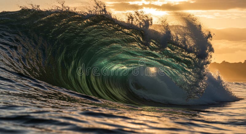 Dynamic Ocean Wave at Sunrise, Green and Gold Hues Stock Illustration ...