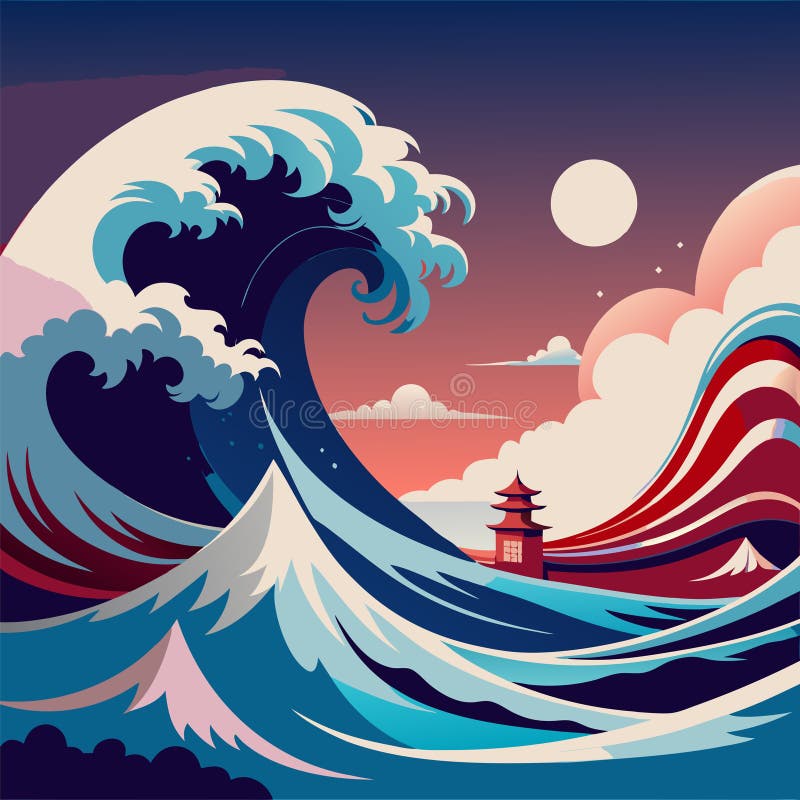 Dynamic Ocean Waves Churning Beneath the Bright Full Moon Stock Vector ...