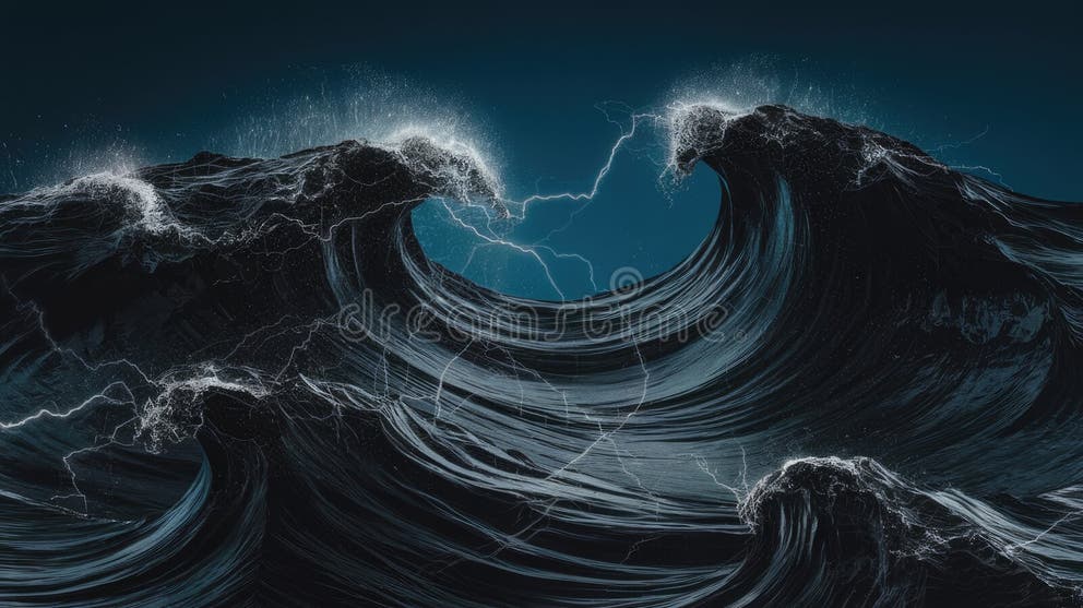 Dynamic Ocean Waves Clash Violently, Illuminated by Flashes of ...
