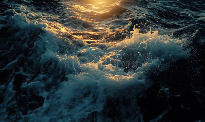 Dynamic Ocean Waves Illuminated by Golden Sunlight at Sunset Stock ...