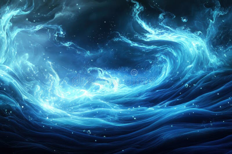Dynamic Ocean Waves Illuminated by Shimmering Blue Light at Night Stock ...