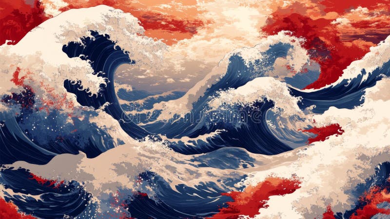 Dynamic Ocean Waves in Red Blue and White Pixel Art Stock Illustration ...