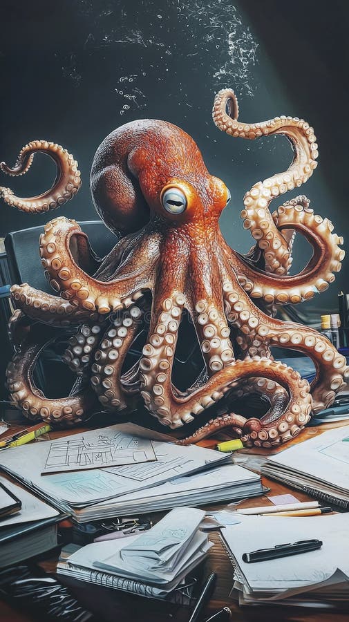 Dynamic Octopus at Work Amidst Cluttered Office Papers Stock ...