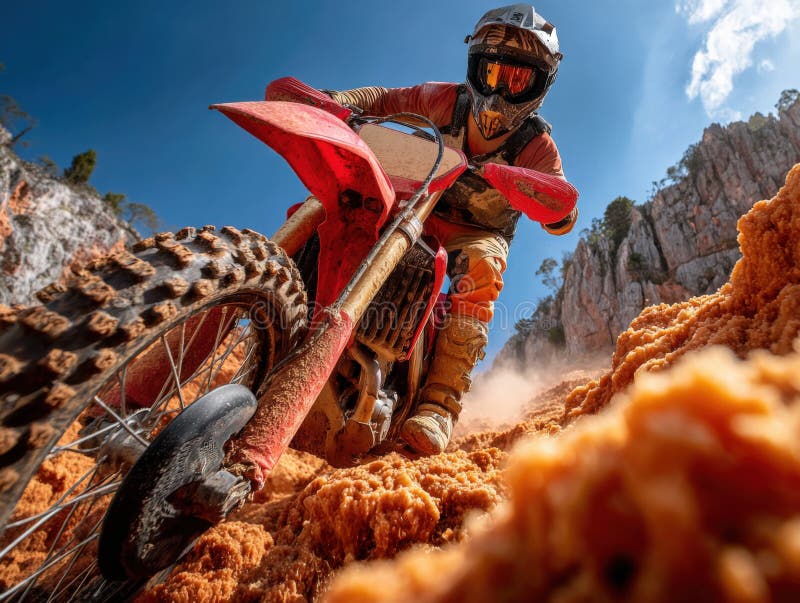 Generative AI Actionpacked Motocross Rider Riding Dirt Bike through Rugged Terrain in Bright ...