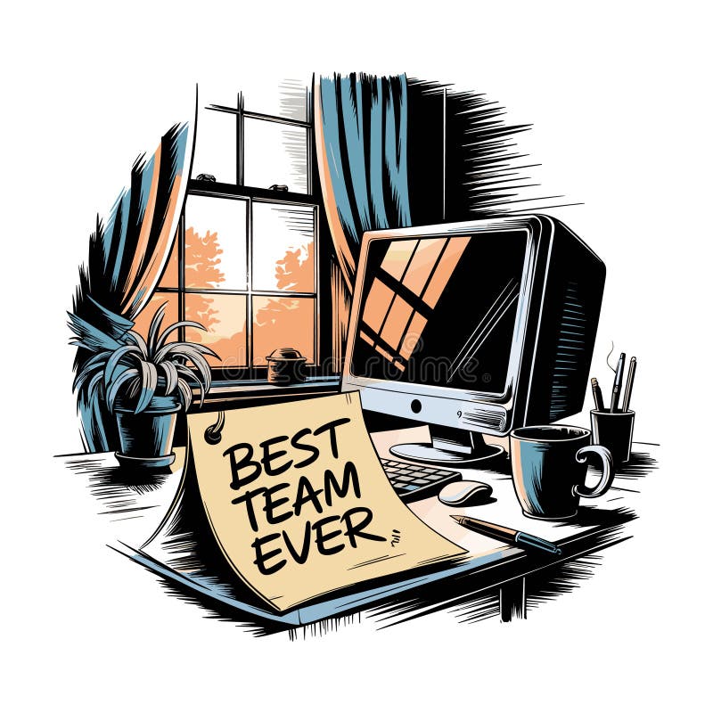 A Dynamic Office Desk Scene with a Computer, Coffee Mug, and a Sticky ...