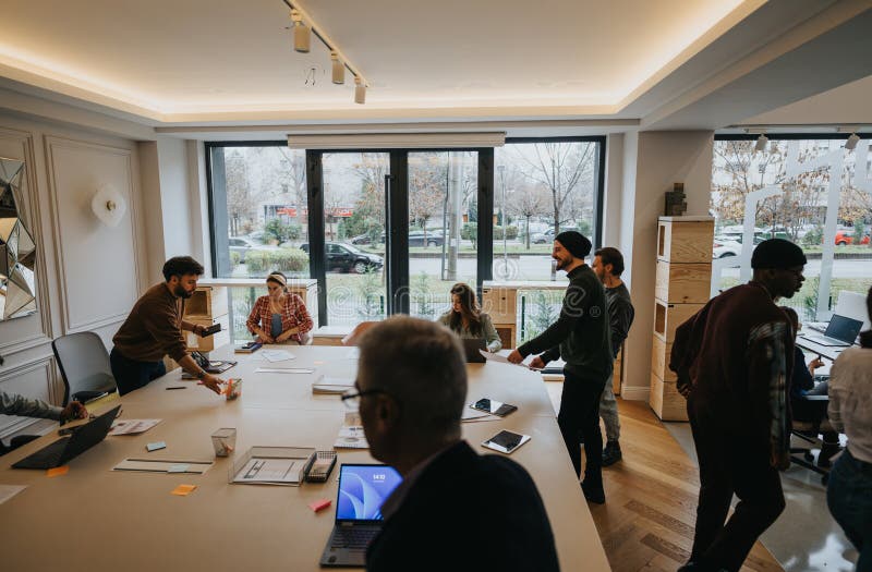 Mixed Race Team Engaged in Casual Business Discussion in Bright Office ...