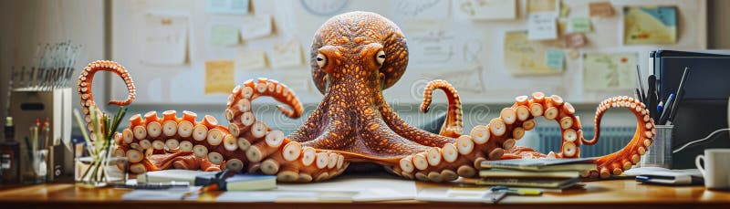 Dynamic Office Scene with a Smiling Octopus Masterfully Balancing a ...