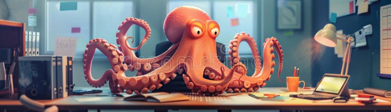 Dynamic Office Scene with a Smiling Octopus Masterfully Balancing a ...