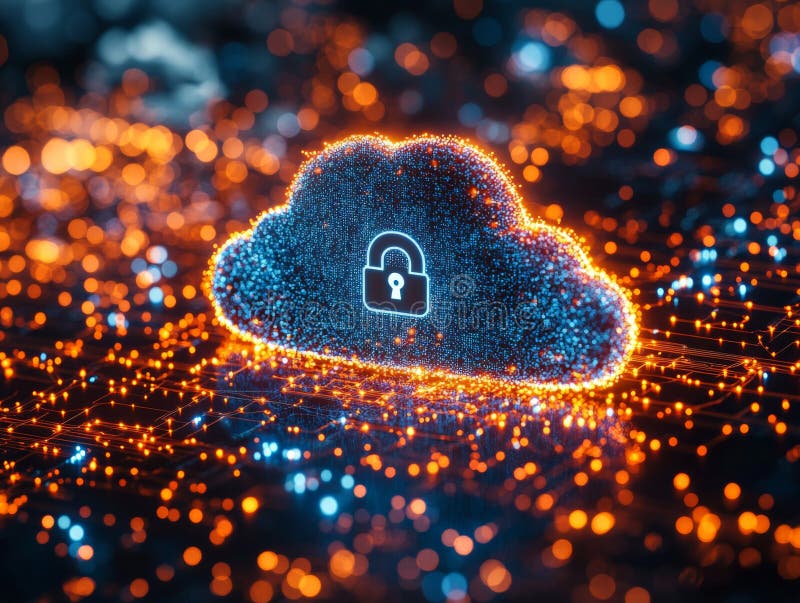 Dynamic Orange and Blue Particle Cloud with a Lock Symbol, Symbolizing Innovative Cloud ...