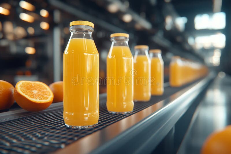 Dynamic Orange Juice Bottles Rolling on a Conveyor Belt in a ...