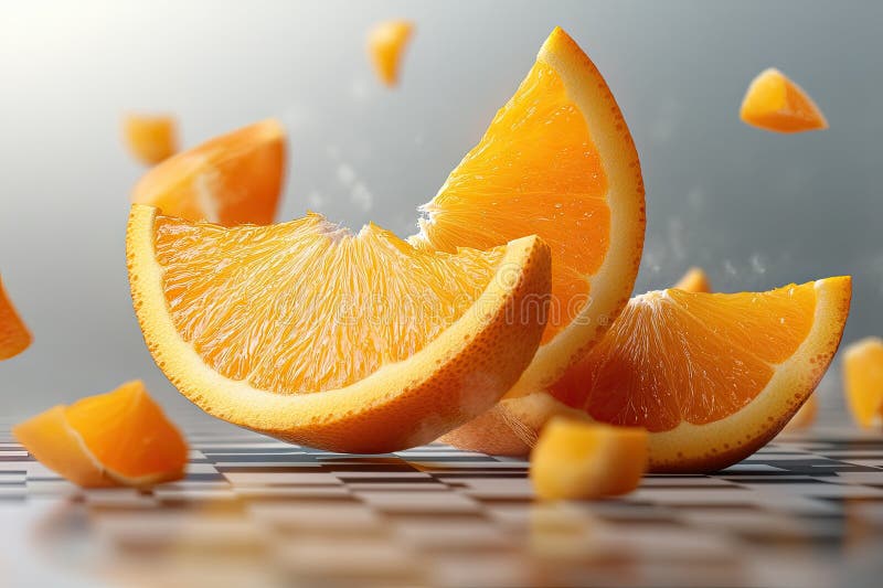 Dynamic Orange Slices Hovering Over Checkered Surface Stock ...