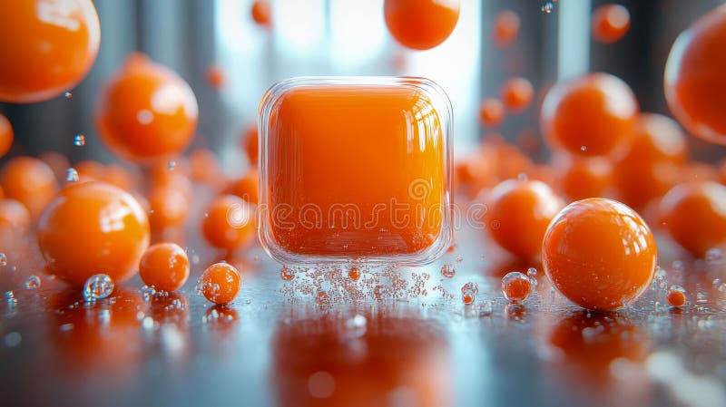 Dynamic Orange Spheres and a Central Translucent Cube in Motion, with ...