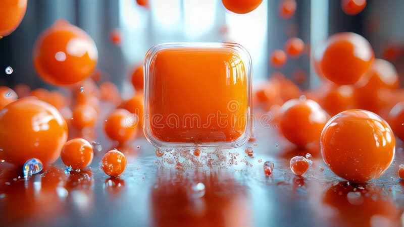 Dynamic Orange Spheres and a Central Translucent Cube in Motion, with ...