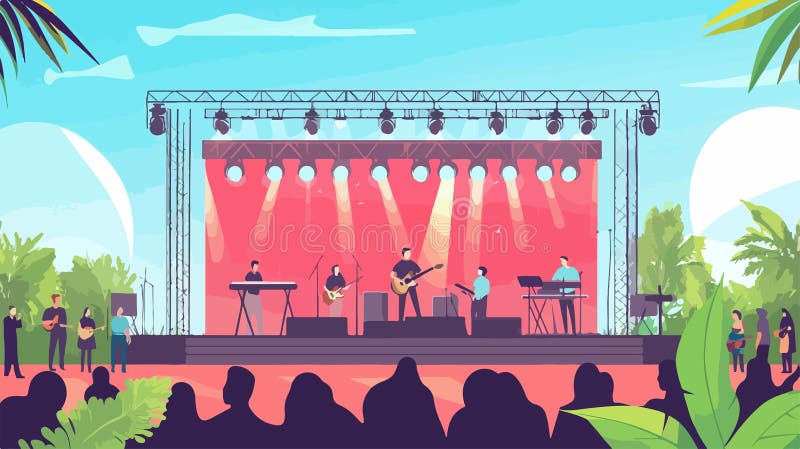 Dynamic Outdoor Concert Stage Scene with Energetic Crowd and Musicians ...