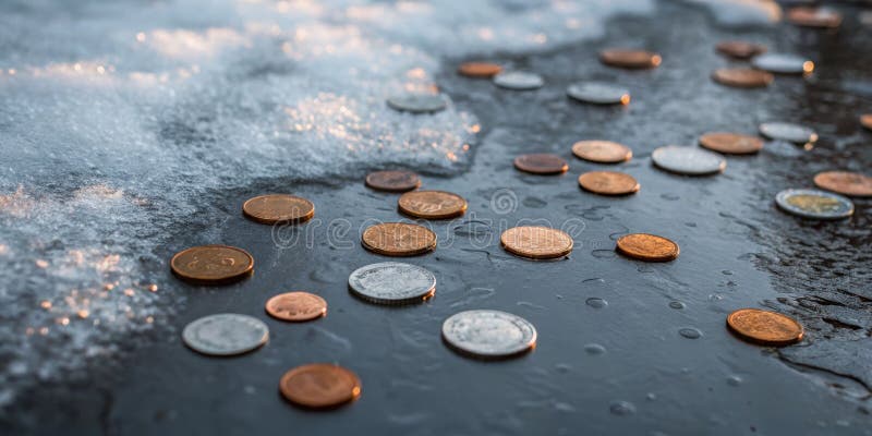 Dynamic Overhead Shot of Ice and Coins on Frosty Surface Creating a ...