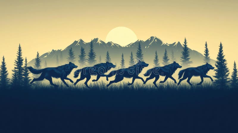 Creative Wolf Pack Running through Pine Silhouettes and Mountain ...