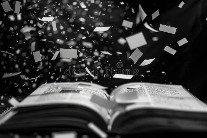 Dynamic Pages of an Open Book Exploding with Floating Papers in Motion ...