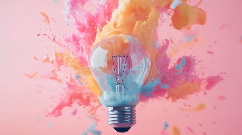 Dynamic Paint Burst Around Light Bulb on Pink Backdrop Stock Image ...