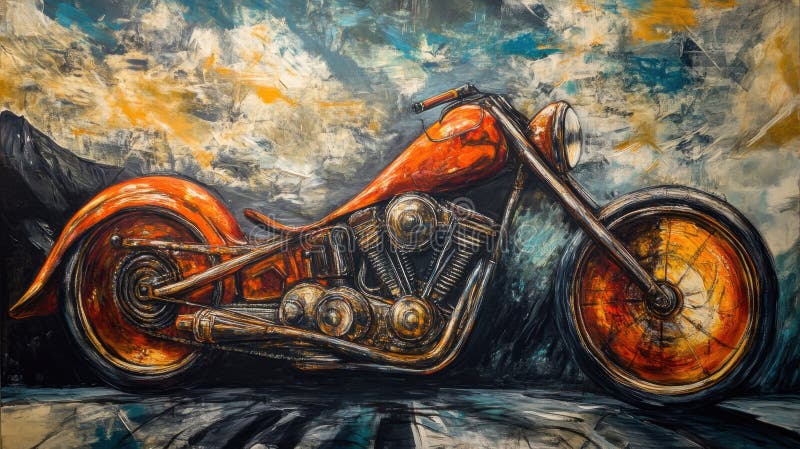 A Dynamic Painting of a Custom Orange Motorcycle is Set Against a ...