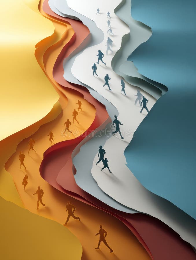 Dynamic Paper Cut Style Runners Traverse Layered Paper Trail Path ...
