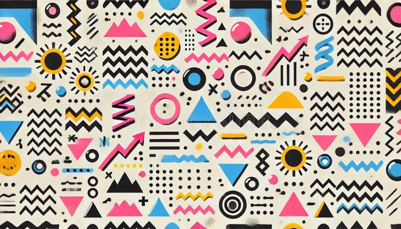 Dynamic Retro Memphis Style Pattern with Geometric Elements in Vibrant ...