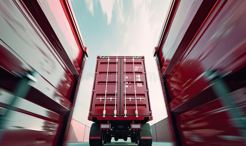Dynamic Perspective of a Cargo Container Truck with Red Containers on ...