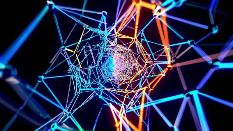 High Speed Journey through Abstract Digital Data Tunnel Blue Orange Neon Lines Forming Complex ...