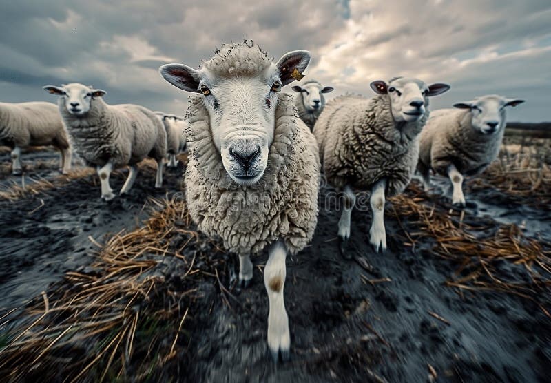 Dynamic Low Angle Photo of Sheep Herd Walking Toward Camera Stock ...