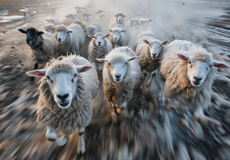 Dynamic Low Angle Photo of Sheep Herd Walking Toward Camera Stock ...
