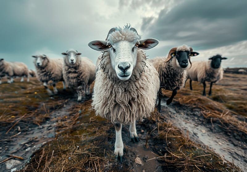 Dynamic Low Angle Photo of Sheep Herd Walking Toward Camera Stock ...