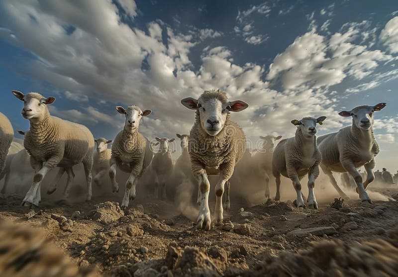 Dynamic Low Angle Photo of Sheep Herd Walking Toward Camera Stock ...