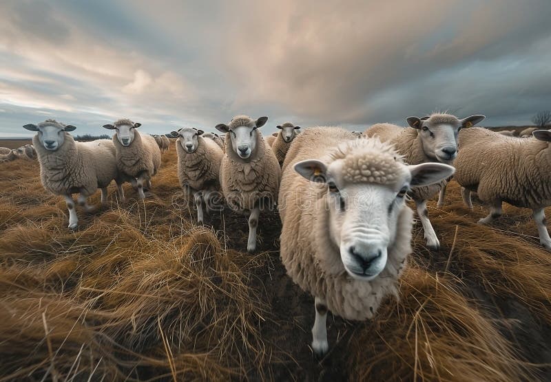 Dynamic Low Angle Photo of Sheep Herd Walking Toward Camera Stock ...