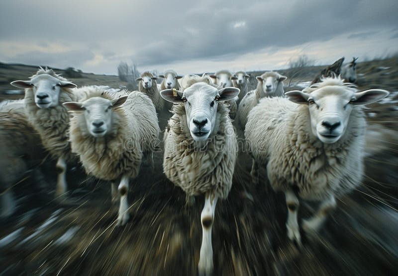 Dynamic Low Angle Photo of Sheep Herd Walking Toward Camera Stock ...