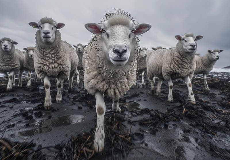 Dynamic Low Angle Photo of Sheep Herd Walking Toward Camera Stock ...