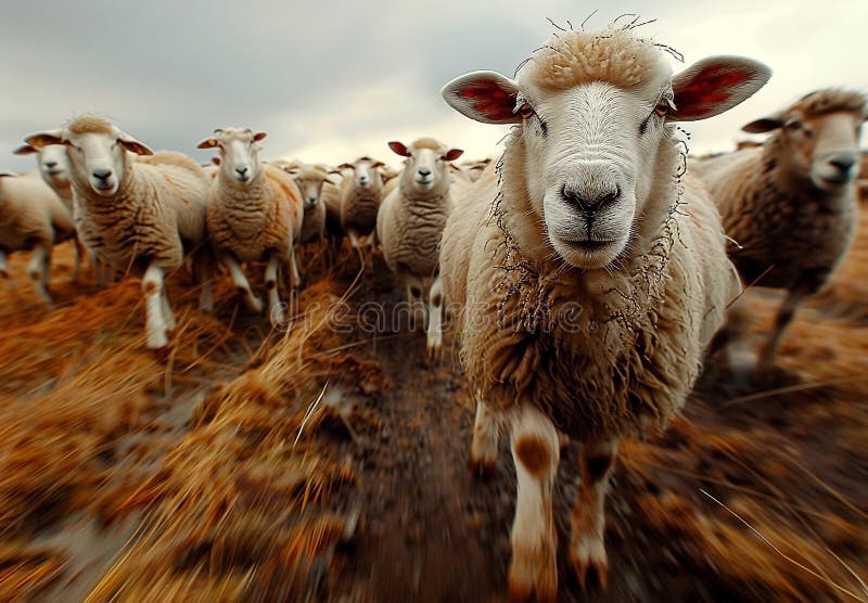 Dynamic Low Angle Photo of Sheep Herd Walking Toward Camera Stock ...