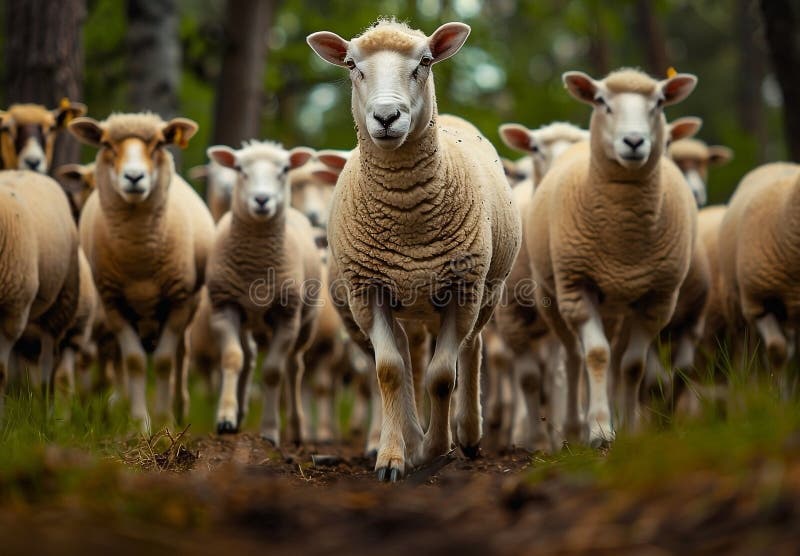 Dynamic Low Angle Photo of Sheep Herd Walking Toward Camera Stock ...