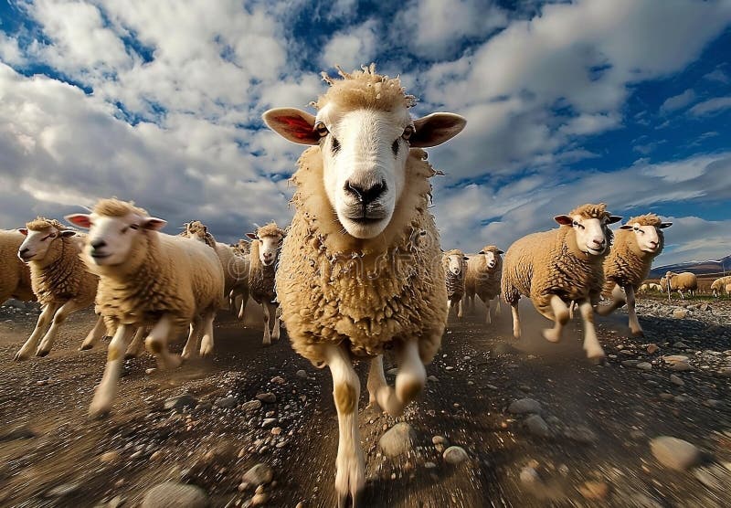 Dynamic Low Angle Photo of Sheep Herd Walking Toward Camera Stock ...