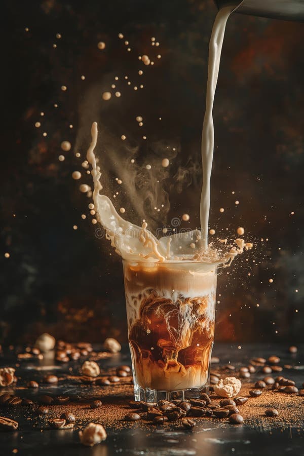 Dynamic Splash of Iced Coffee with Cream in a Glass, Surrounded by ...