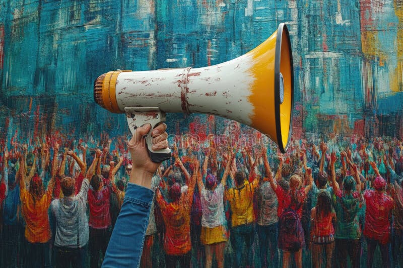 Dynamic Photo Collage of Aggressive Crowd Gestures, Megaphone, and ...