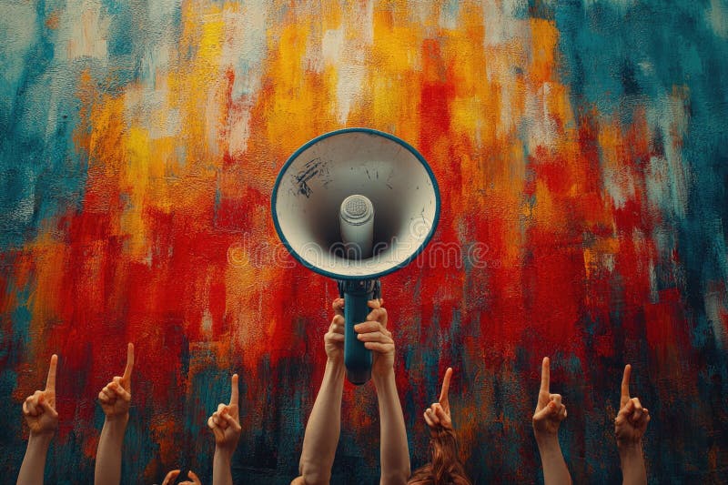 Dynamic Photo Collage of Aggressive Crowd Gestures, Megaphone, and ...