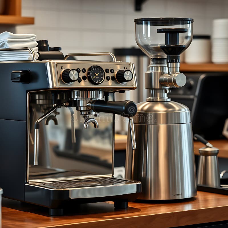 A Dynamic Photo of an Espresso Machine and Coffee Grinder Working ...