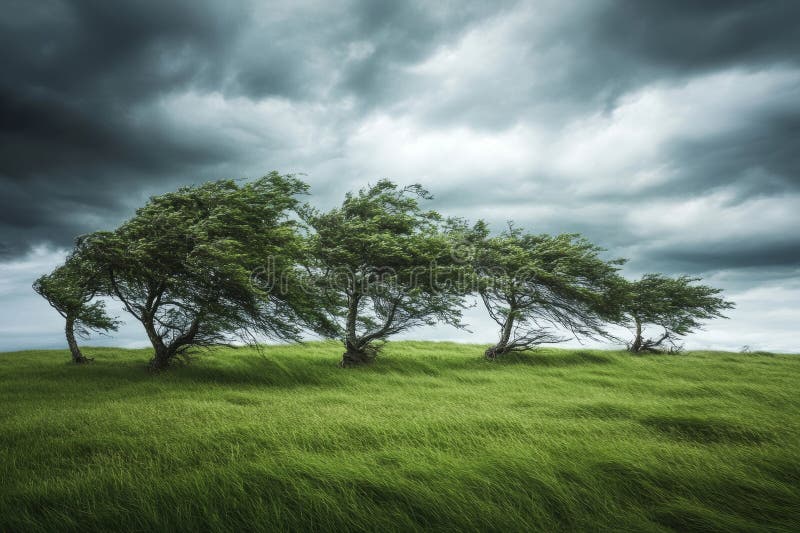 Dynamic Photography of Wind Swept Trees in a Grassy Landscape Beneath a ...