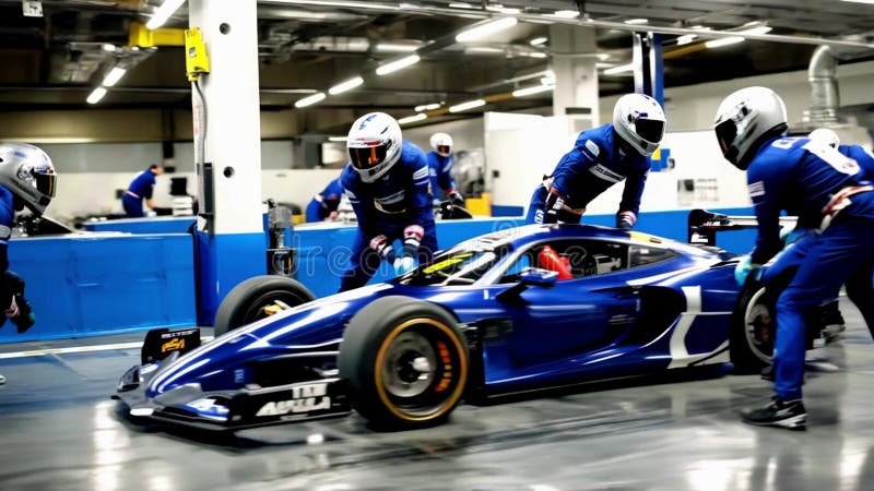 Pit Stop Scene with Blue Racing Car and Team of Mechanics Performing ...