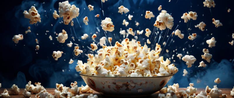Dynamic Popcorn Explosion from a Bowl Against a Dark Background Stock ...