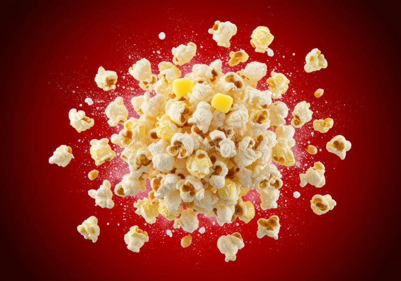 Dynamic Popcorn Explosion with Butter and Salt on Cinematic Red ...