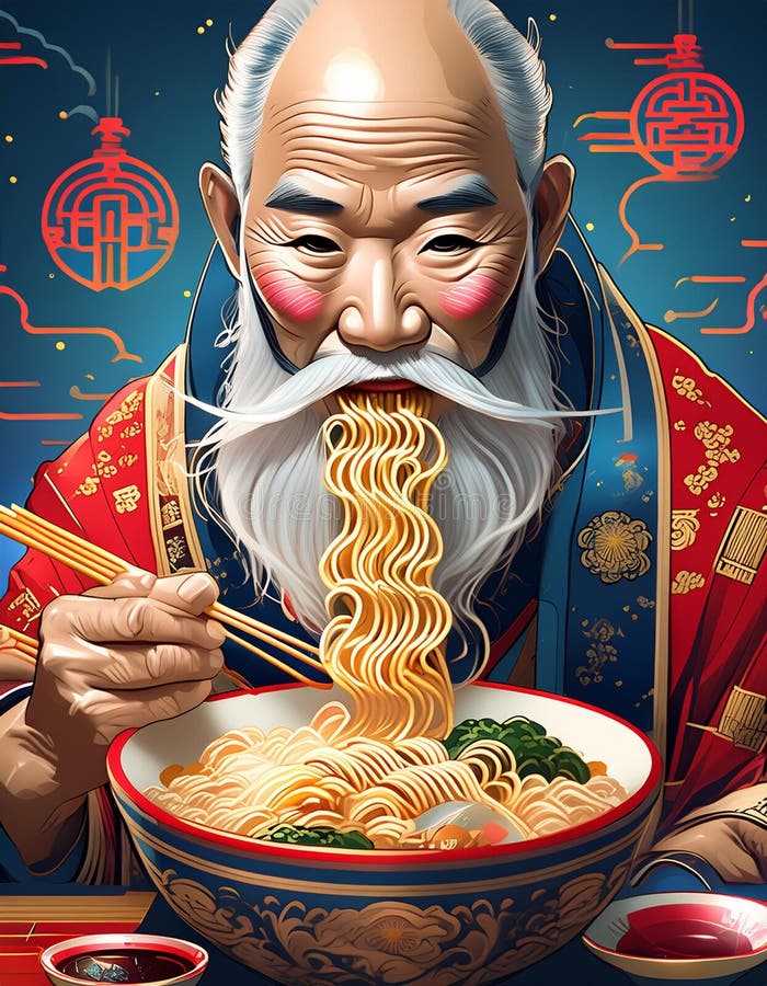 A Dynamic Portrayal of an Old Chinese Master with Big Beard Eats Ramen ...