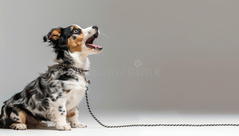 Dynamic Pose of Expressive Barking Dog on Leash Against White Backdrop ...