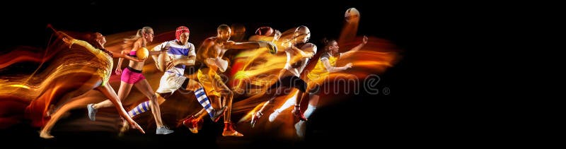 Dynamic Poses. Athletes of Different Sport in Motion, Training on Black ...