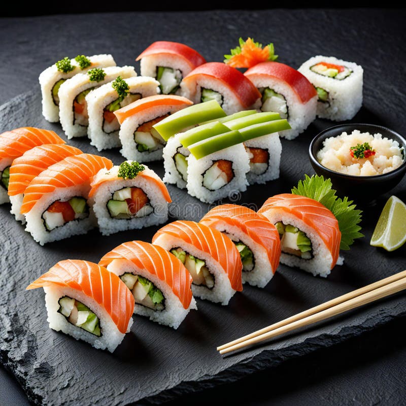 Dynamic Poster Design Featuring a Spinning Plate of Sushi Rolls Stock ...