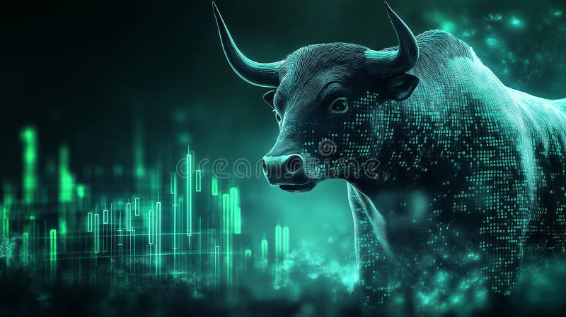 Charging Bull Breaking through Digital Screen with Rising Green ...